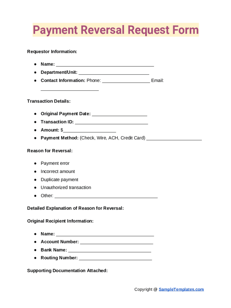 Payment Reversal Request Doc Template | pdfFiller