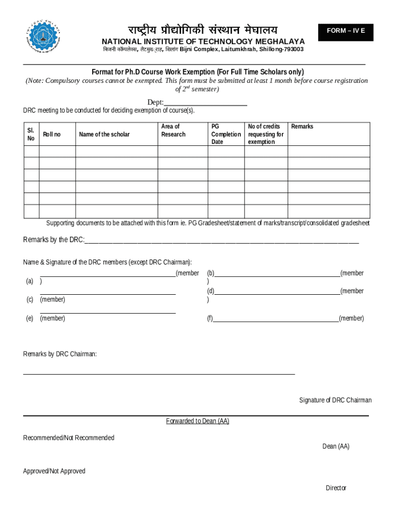 Course work exemption Doc Template | pdfFiller