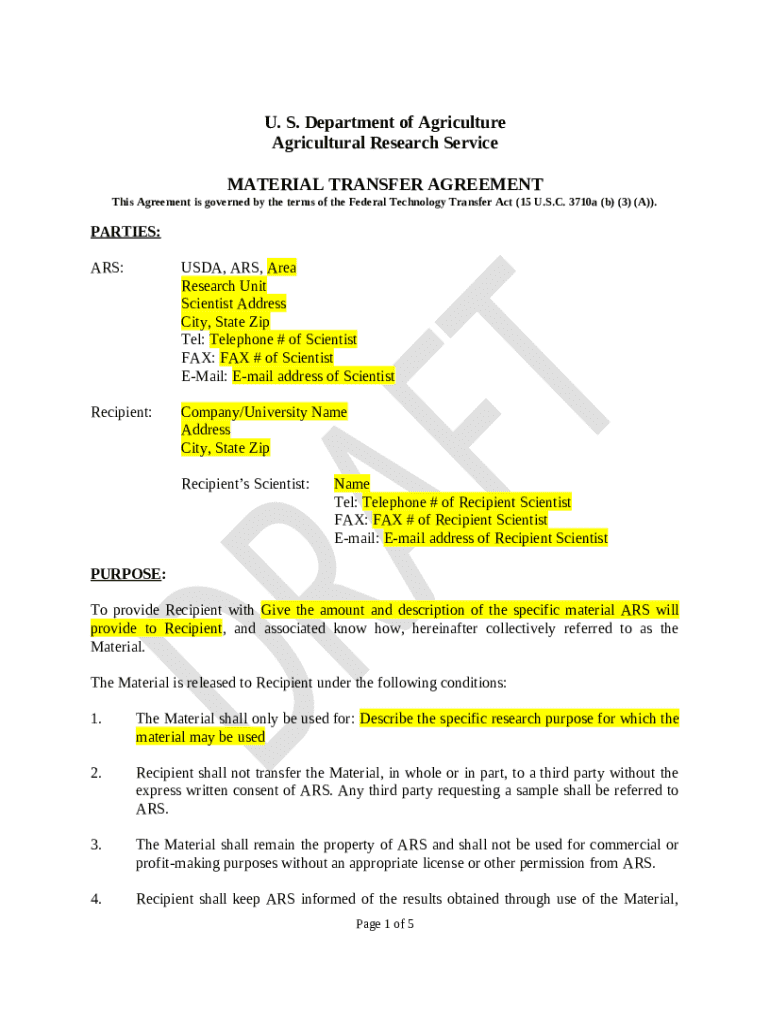 Material Transfer Agreement Doc Template | pdfFiller