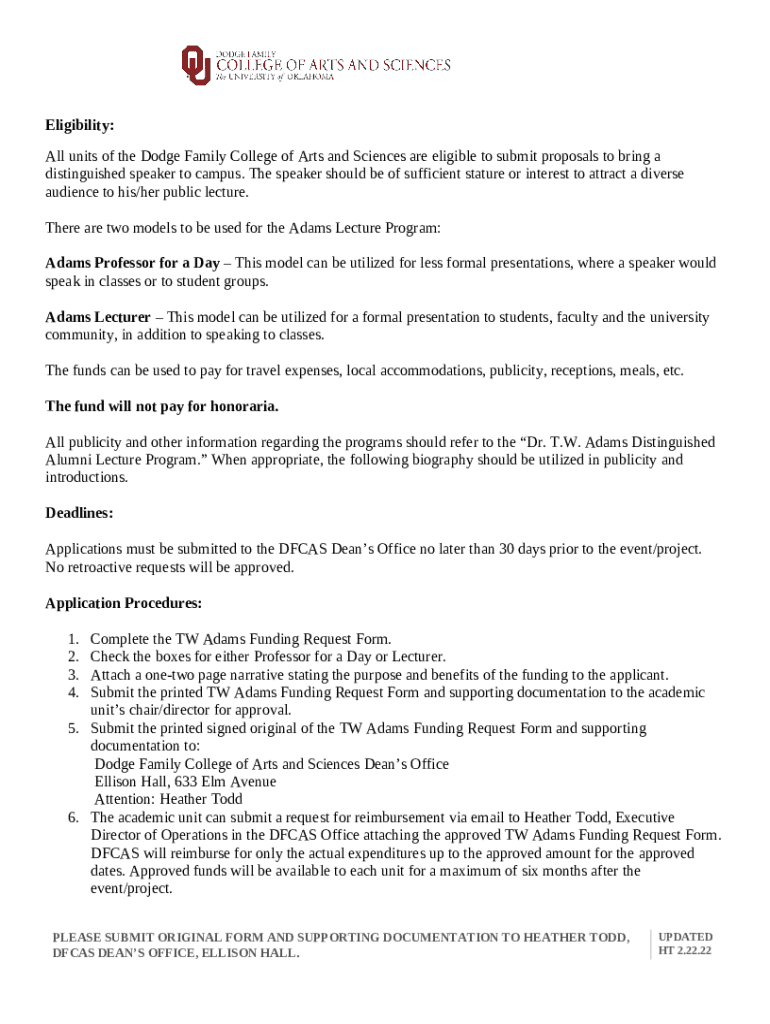 Tw Adams Distinguished Alumni Lecture Program Proposal Doc Template | pdfFiller