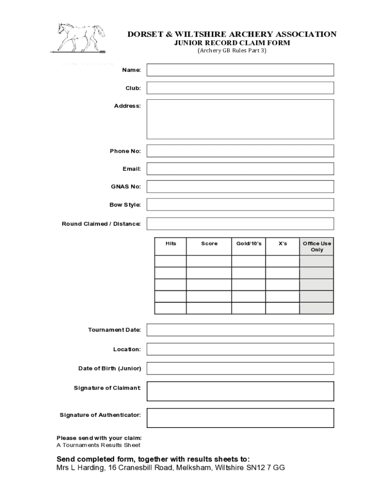 Fillable Online junior record claim form - Dorset & Wiltshire Archery Association Fax Email ...