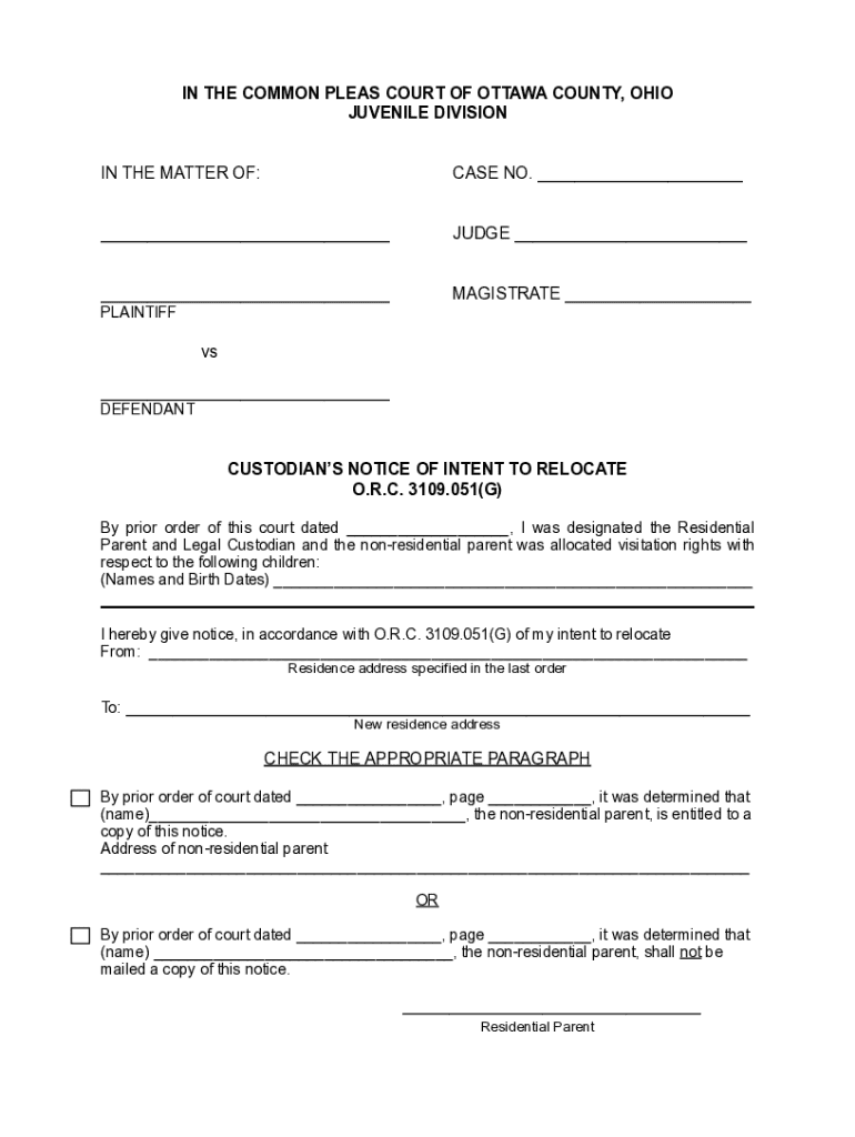 Fillable Online Custodian’s Notice of Intent to Relocate (o.r.c. 3109. ...