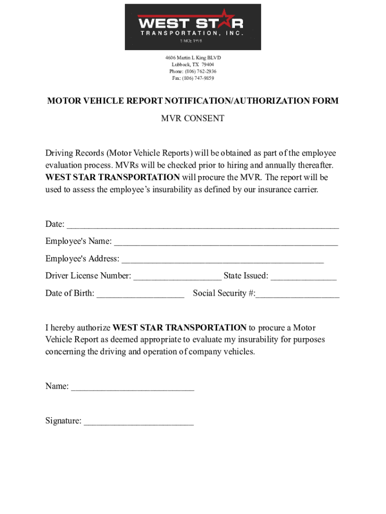 Fillable Online motor vehicle report notification/authorization form ...