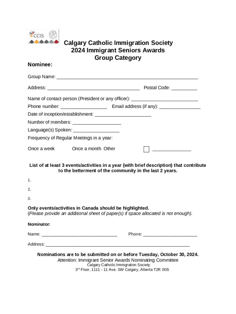 2024 Immigrant Seniors Awards - Group Category Nomination Doc Template | pdfFiller