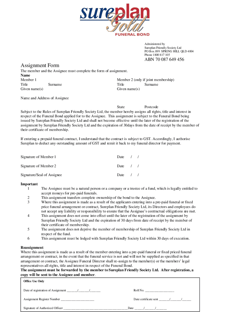 Fillable Online Funeral Bond Assignment Fax Email Print - pdfFiller
