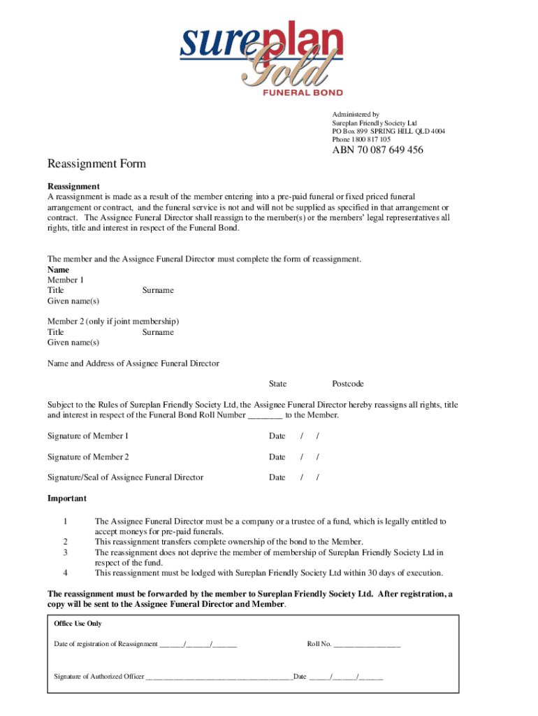 Fillable Online Funeral Bond Reassignment Fax Email Print - pdfFiller