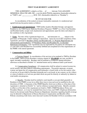 Fillable Online First Year Resident Agreement Between Tmh and Resident ...