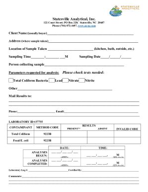 Fillable Online Statesville Analytical Sample Submission Fax Email ...