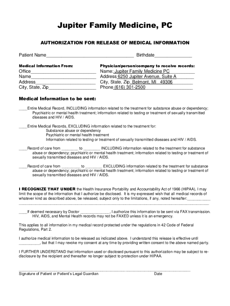 Fillable Online Jupiter Family Medicine Medical Records Release Authorization Fax Email Print ...