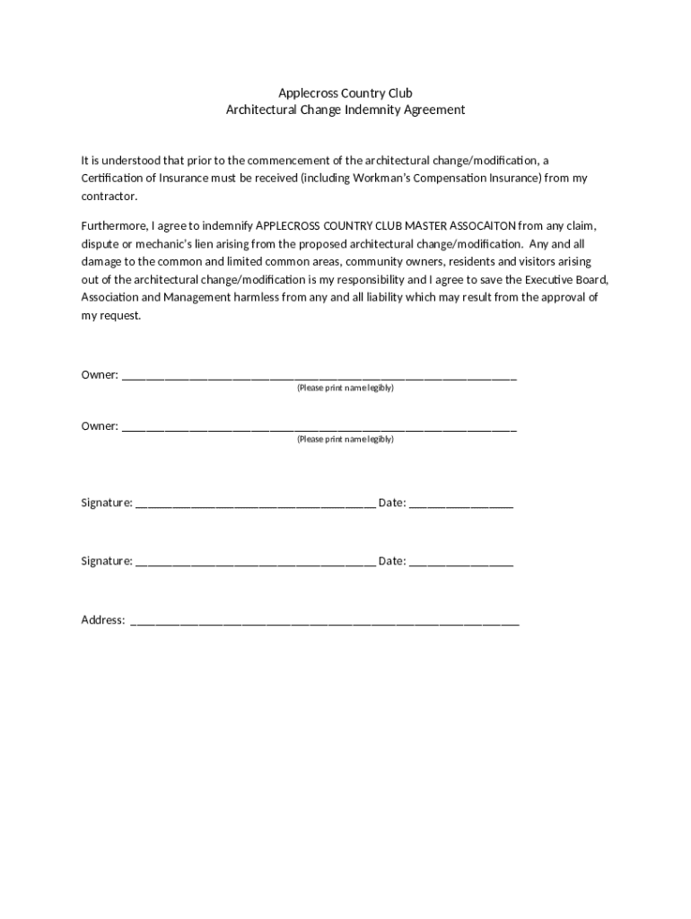 Architectural Change Indemnity Agreement Doc Template | pdfFiller