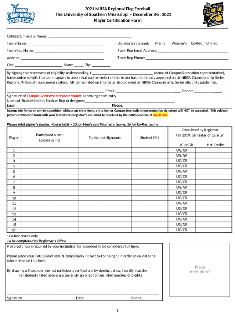 2021 Nirsa Regional Flag Football Player Certification Doc Template | pdfFiller