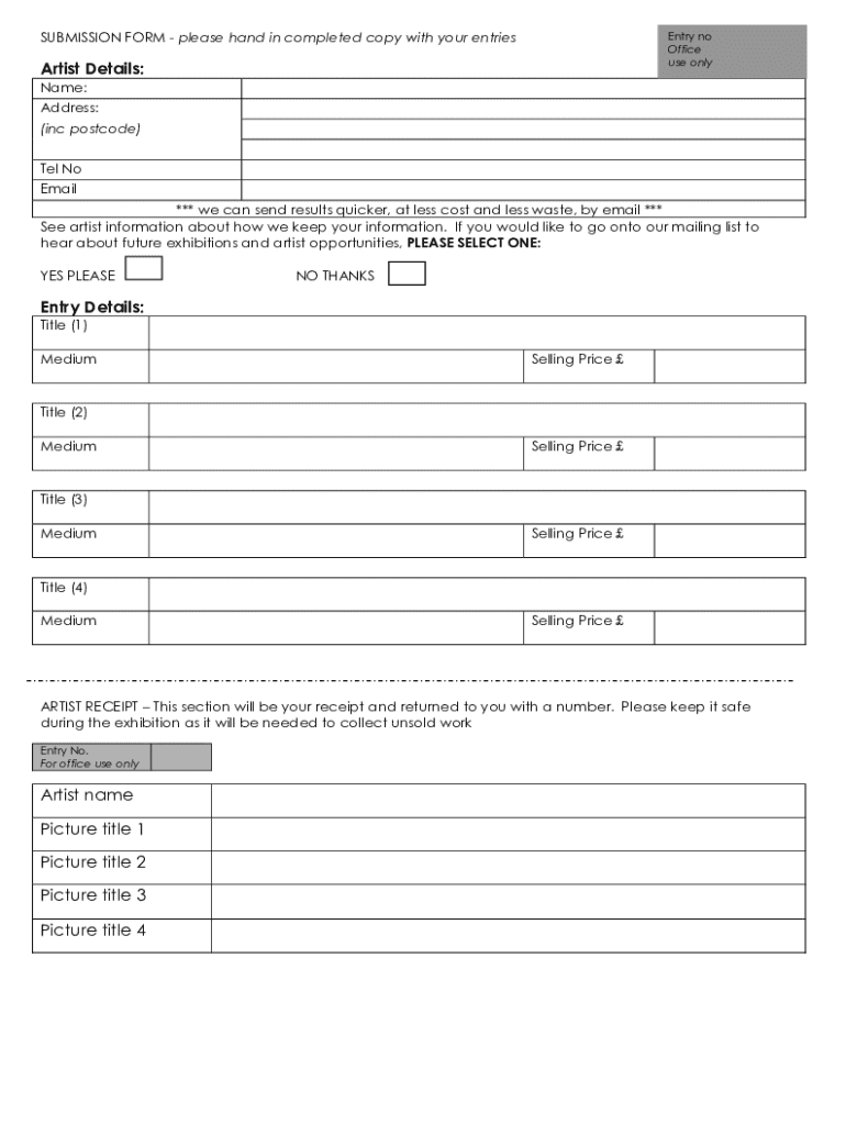 Fillable Online Artist Entry Submission Form Fax Email Print - pdfFiller