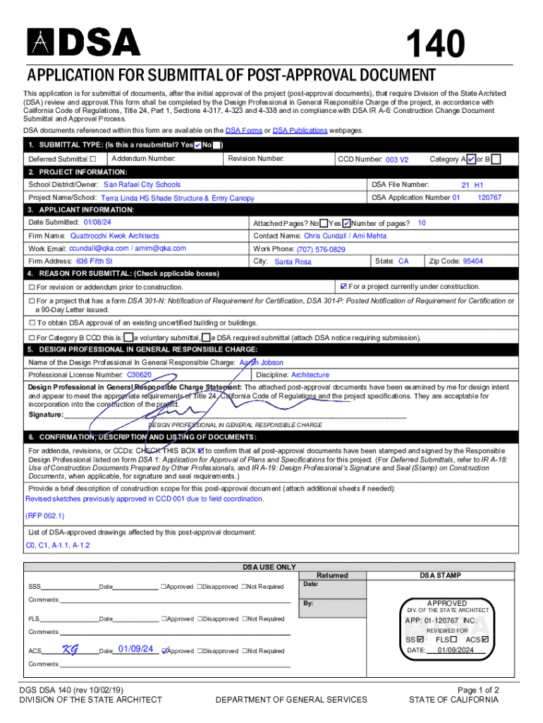 Fillable Online Post-approval Document Submittal for Dsa Review Fax ...