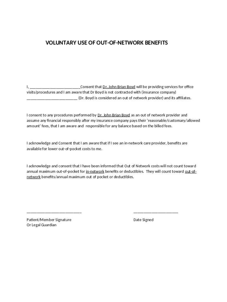 Voluntary Use of Out-of-network Benefits Consent Doc Template | pdfFiller