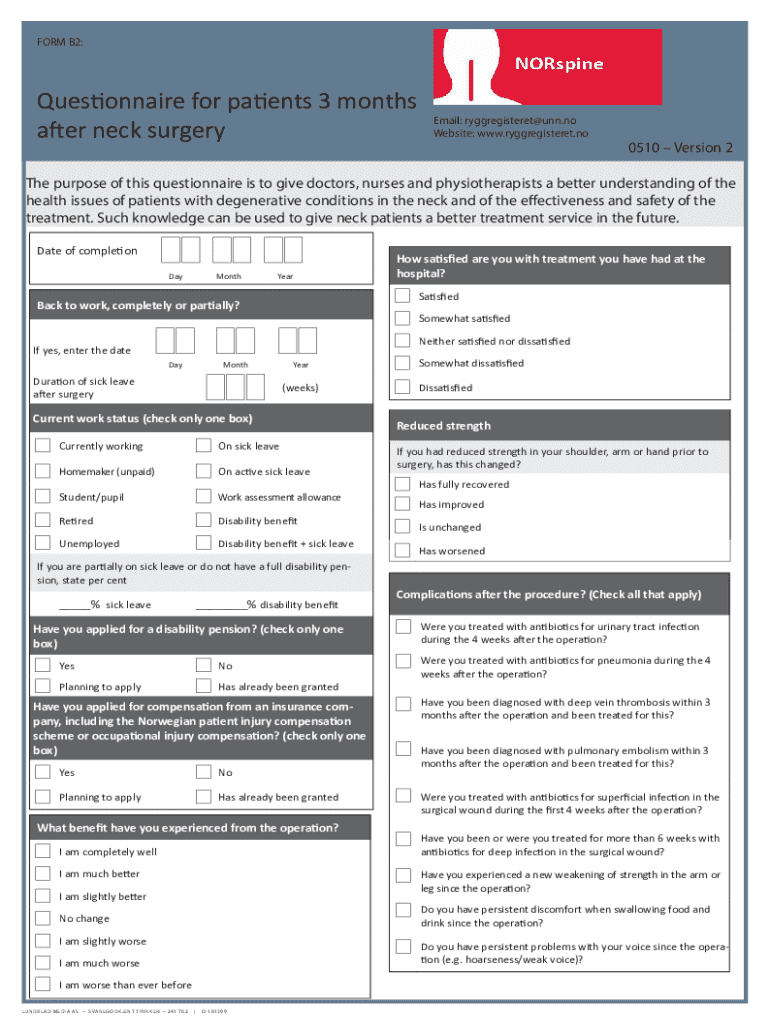 Fillable Online Questionnaire for Patients 3 Months After Neck Surgery Fax Email Print - pdfFiller