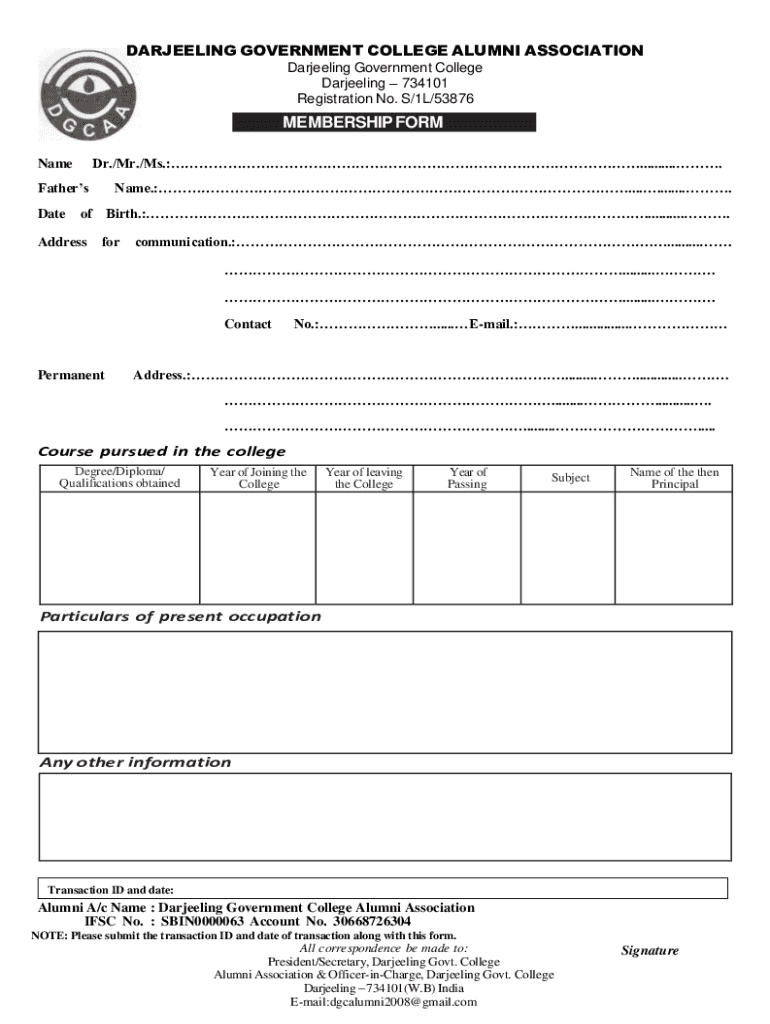 Fillable Online Membership Form for Darjeeling Government College ...