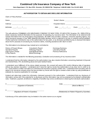 Fillable Online Combined Life Insurance Authorization Form Fax Email ...
