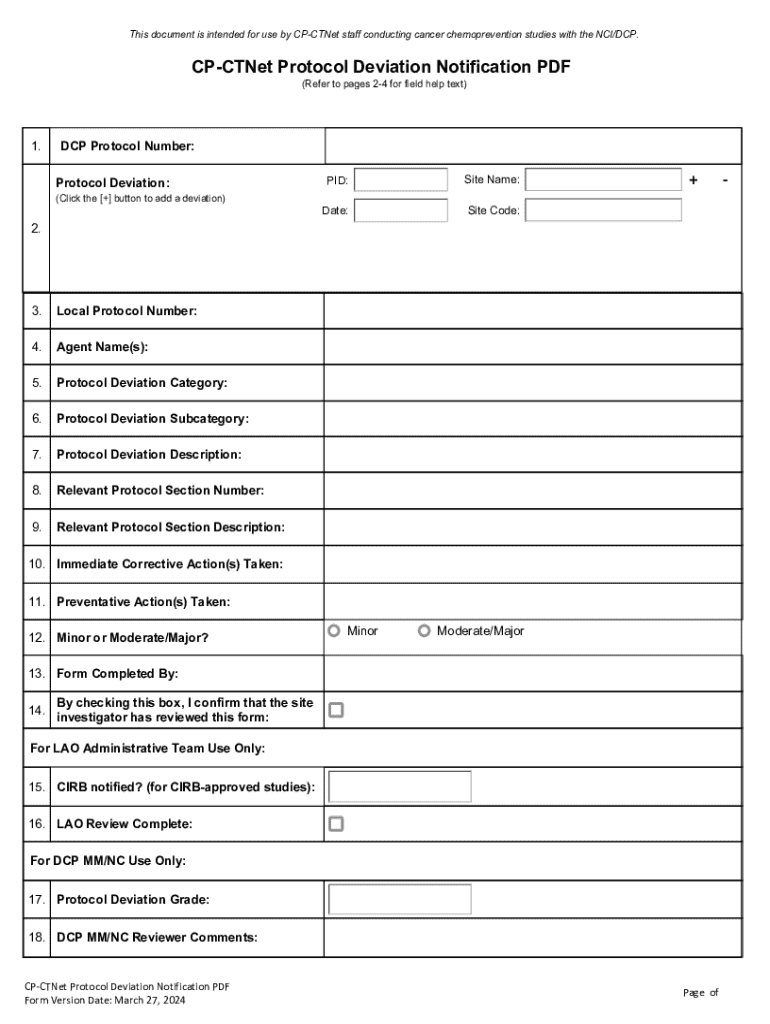 Fillable Online CP-CTNet Protocol Deviation Notification PDF. Protocol Deviation Notification ...