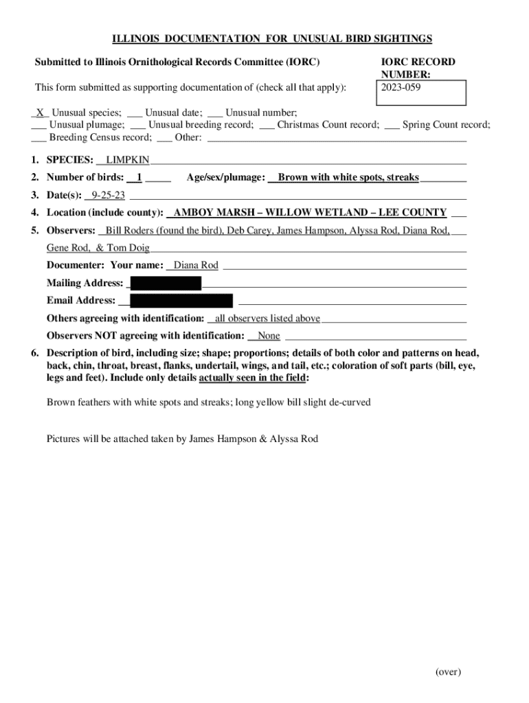 Fillable Online Unusual Bird Sighting Report for Limpkin Fax Email ...