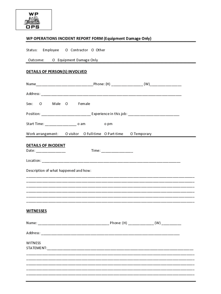 Fillable Online Incident Report for Equipment Damage Fax Email Print ...