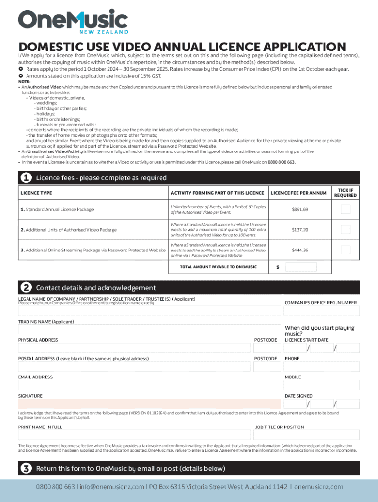 Fillable Online Application for Onemusic Domestic Use Video Licence Fax ...