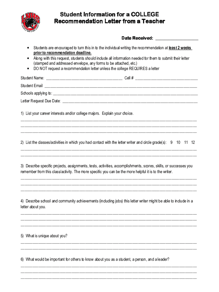 Fillable Online Recommendation Letter Request Guide Fax Email Print ...