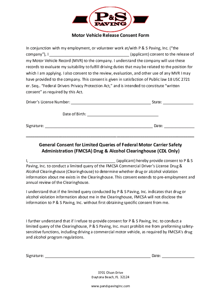 Fillable Online Motor Vehicle Driving Record Release Form for Employer ...
