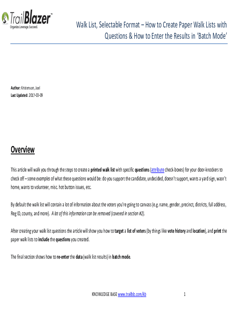 Fillable Online How to Create Paper Walk Lists With Questions & How to ...