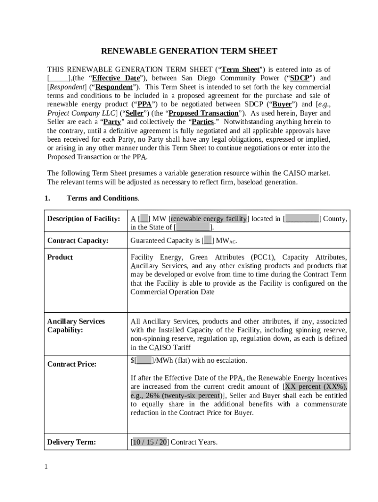renewable generation term sheet Doc Template | pdfFiller