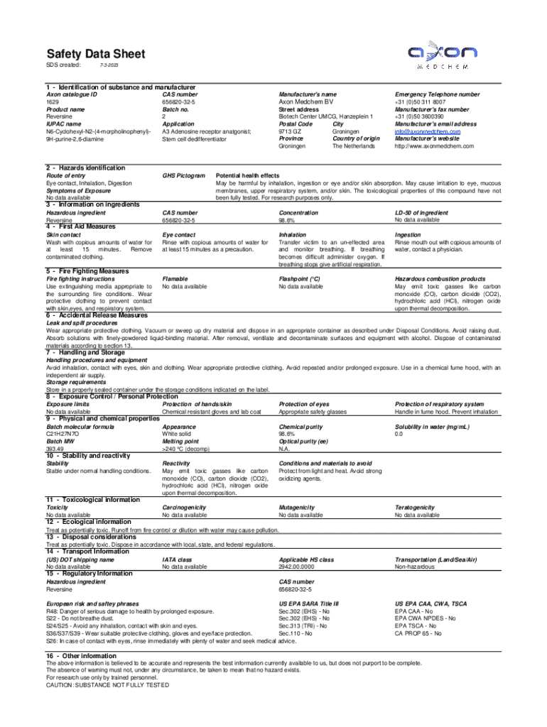 Fillable Online Safety Data Sheet for Reversine Fax Email Print - pdfFiller