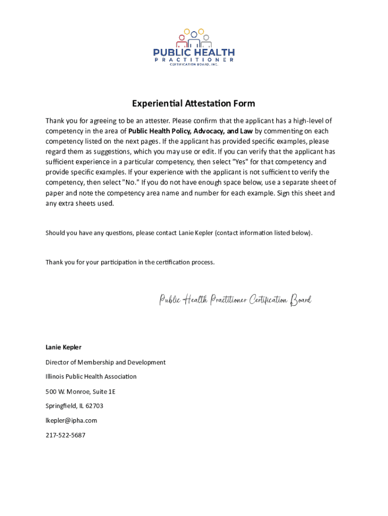 Fillable Online Experiential Attestation for Public Health Competency ...