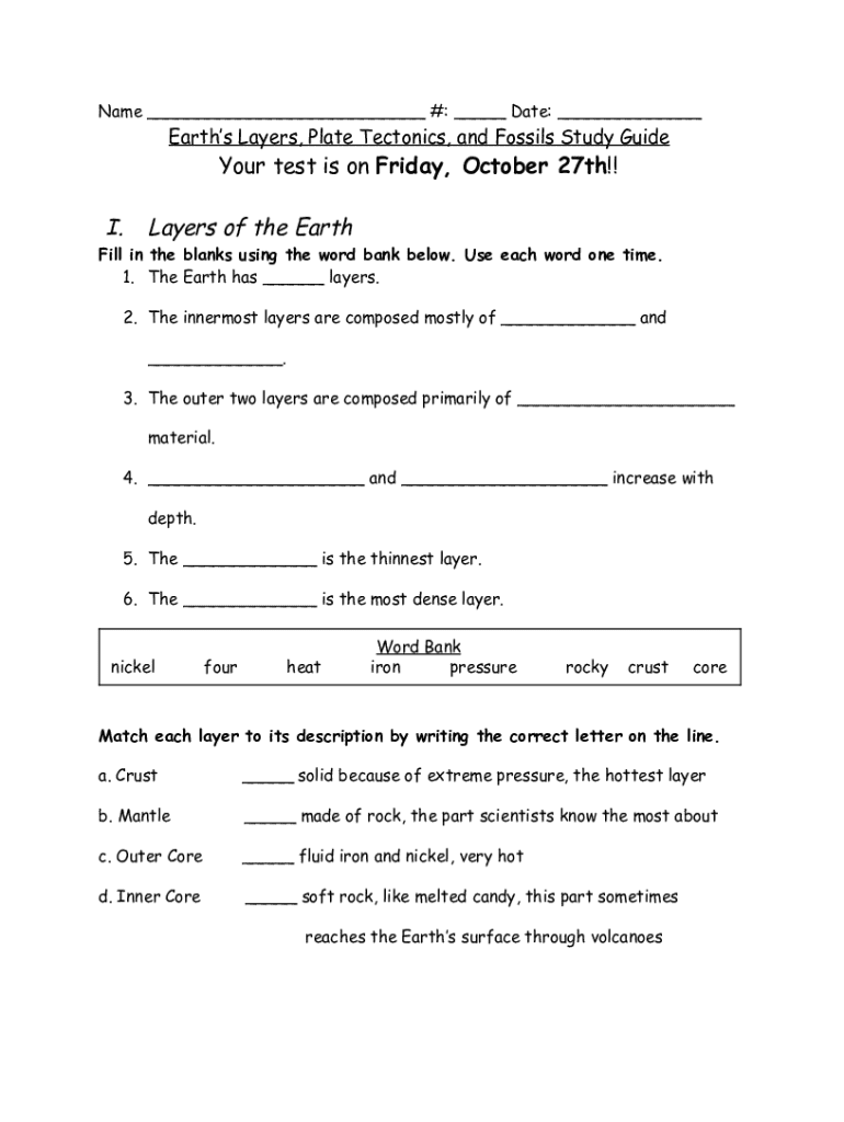 Fillable Online Earth\'s Layers and Plate Tectonics Test Review ...