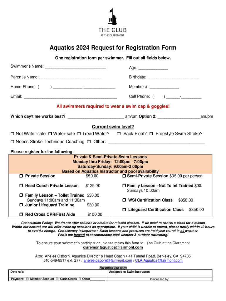 Fillable Online Aquatics 2024 Registration Fax Email Print - pdfFiller