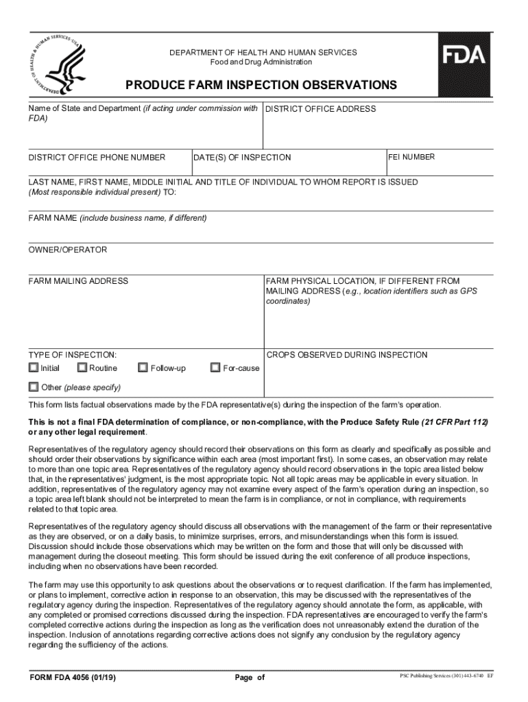 Fillable Online FORM FDA 4056. PRODUCE FARM INSPECTION OBSERVATIONS Fax ...