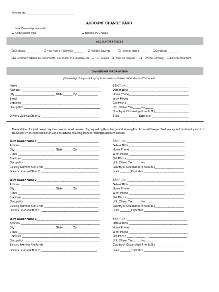 Fillable Online Account Change Card Form Fax Email Print - pdfFiller