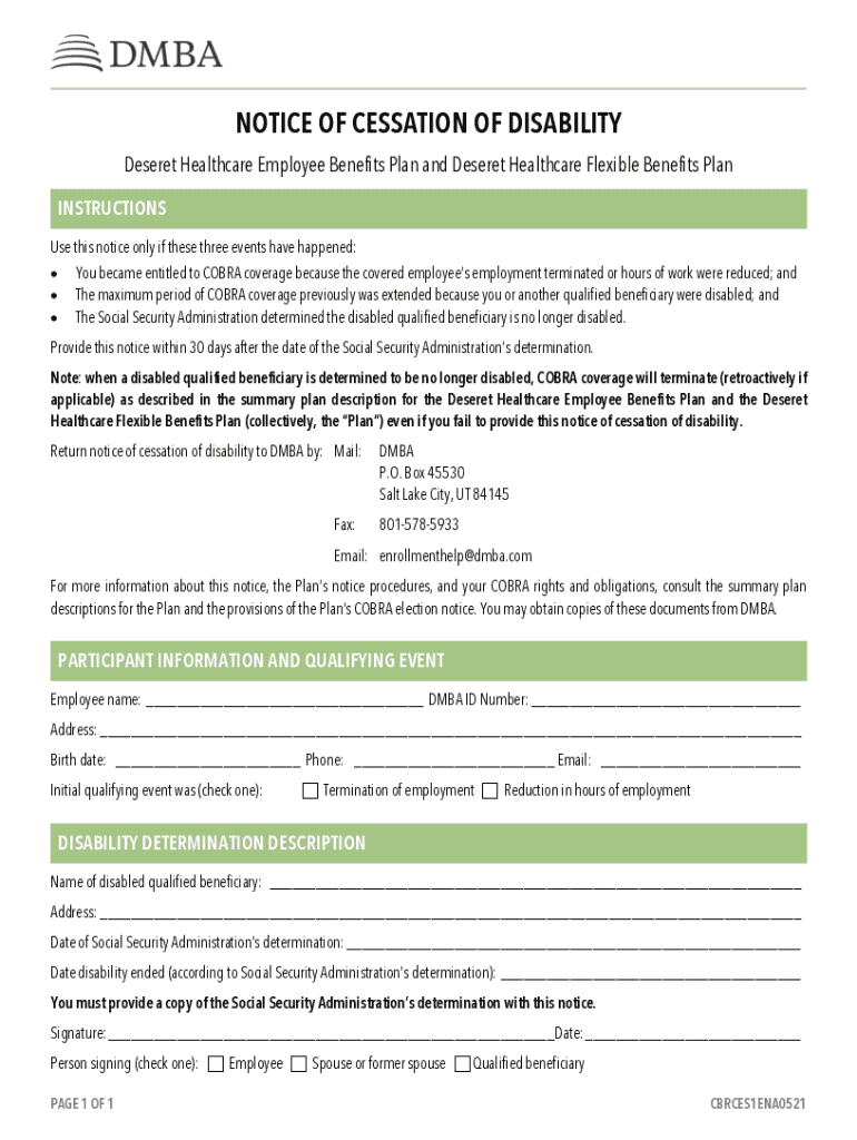 Fillable Online Deseret Healthcare Employee Benefits Plan - Cessation ...