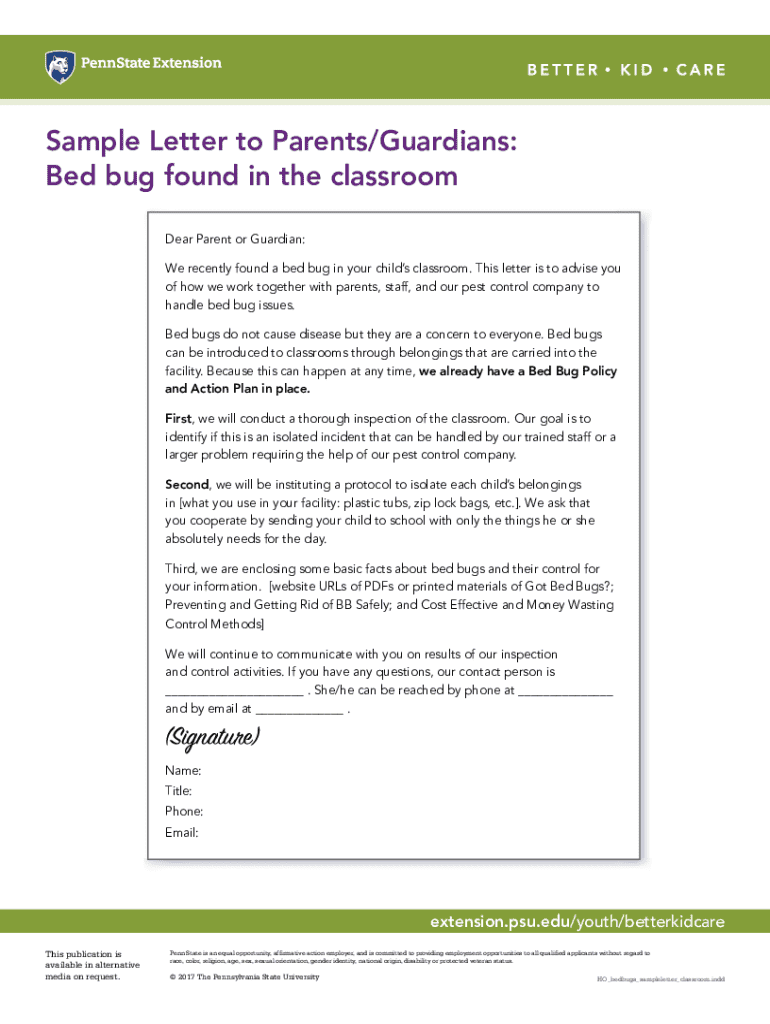 Fillable Online Notification of Bed Bug Found in Classroom Fax Email ...