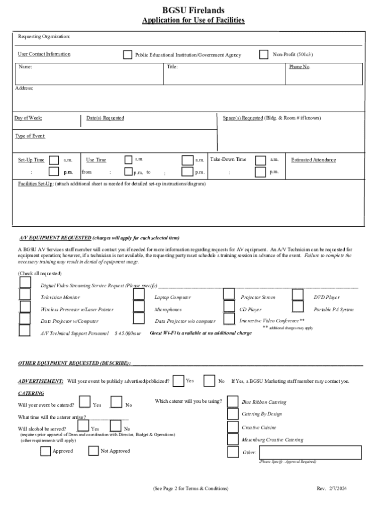 Fillable Online BGSU Firelands - Application for Use of Facilities Fax Email Print - pdfFiller