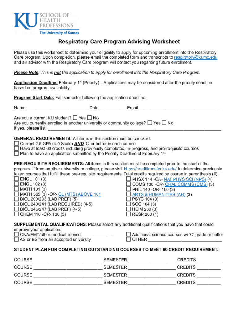 Fillable Online Fillable Online Respiratory Care Program Advising ...