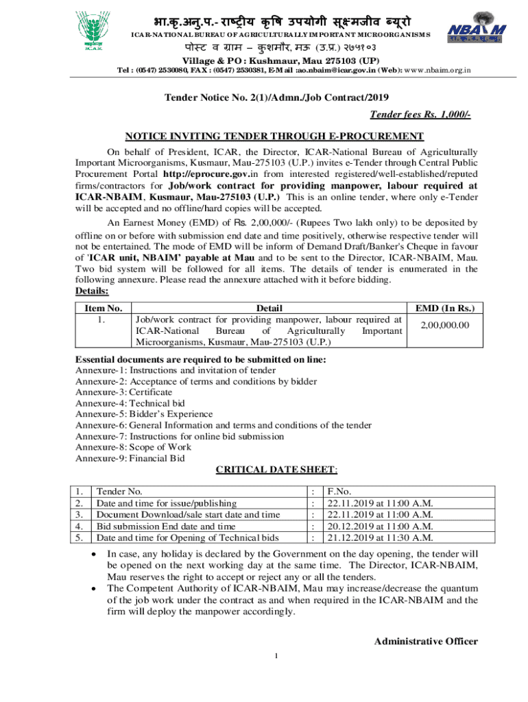 Fillable Online Invitation to Tender for Manpower Services at Icar ...