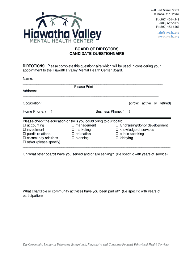 Fillable Online Hiawatha Valley Mental Health Center Board Candidate ...