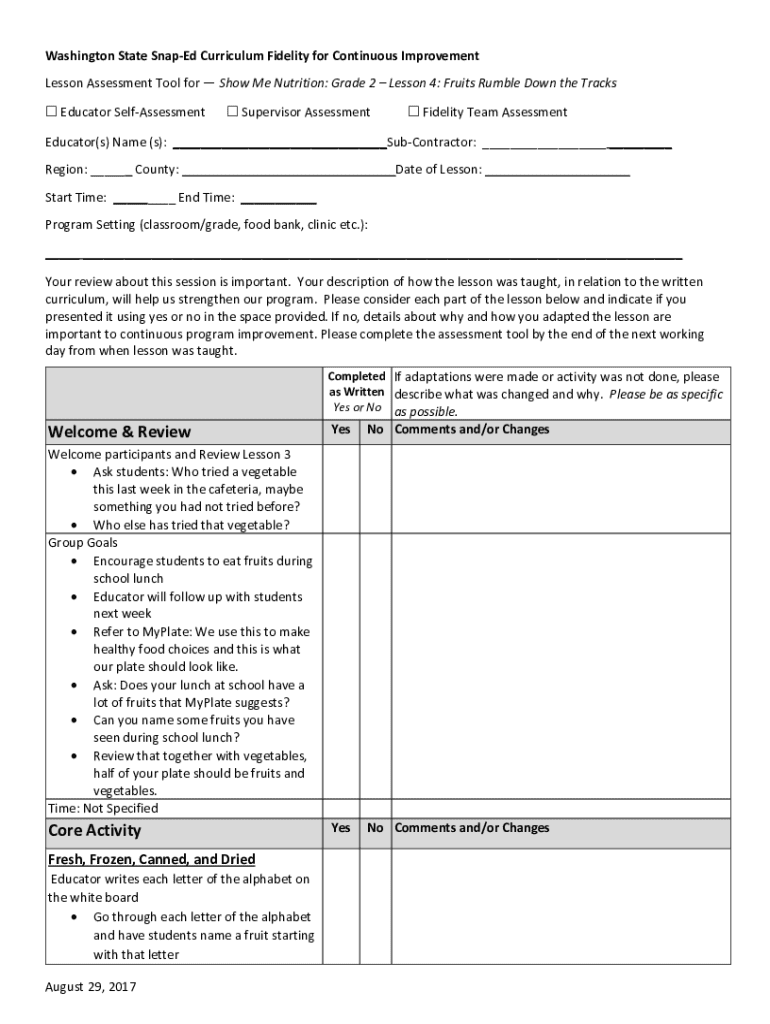 Fillable Online Washington State Snap-ed Curriculum Fidelity for Continuous Improvement: Show Me ...