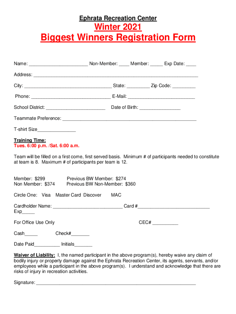 Fillable Online Biggest Winners at Ephrata Recreation Center - Winter 2021 Fax Email Print ...