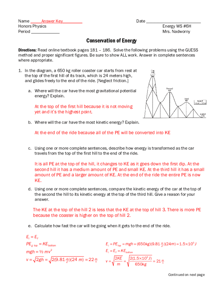 Fillable Online Honors Physics Energy Worksheet #6h Fax Email Print ...