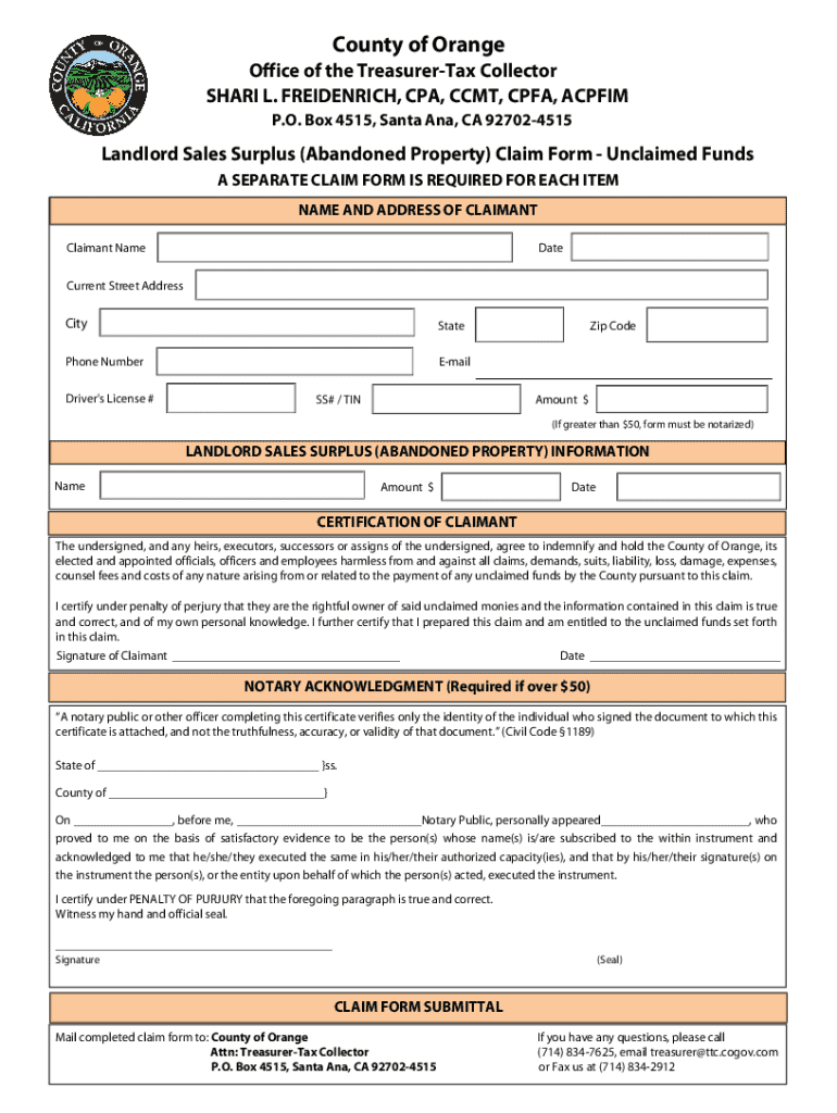 Fillable Online Landlord Sales Surplus (abandoned Property) Claim Form ...
