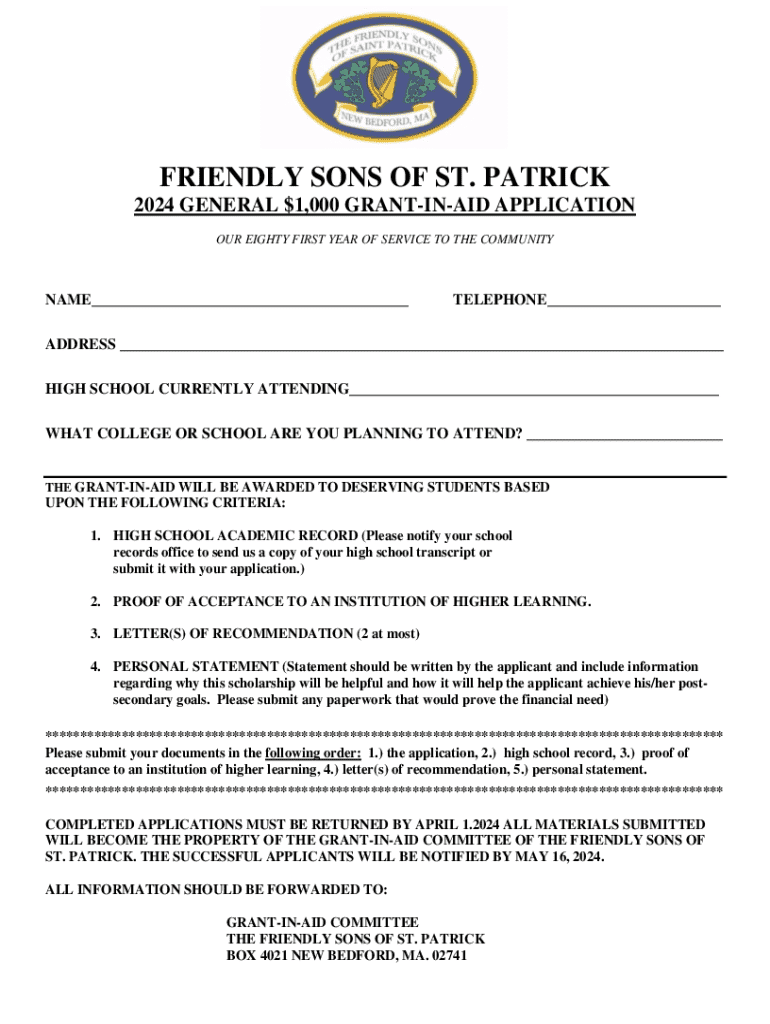Fillable Online Friendly Sons of St. Patrick Grant-in-aid Application Fax Email Print - pdfFiller