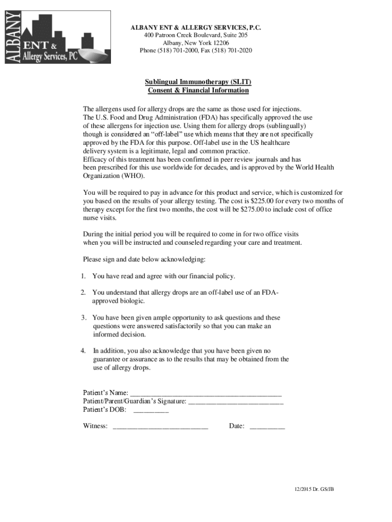 Fillable Online Sublingual Immunotherapy (slit) Consent & Financial Information Fax Email Print ...