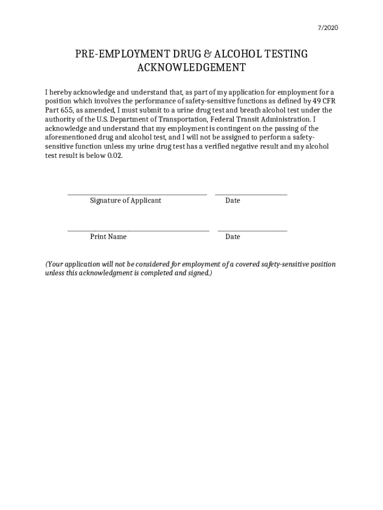 Pre-employment Drug & Alcohol Testing Acknowledgement Doc Template ...