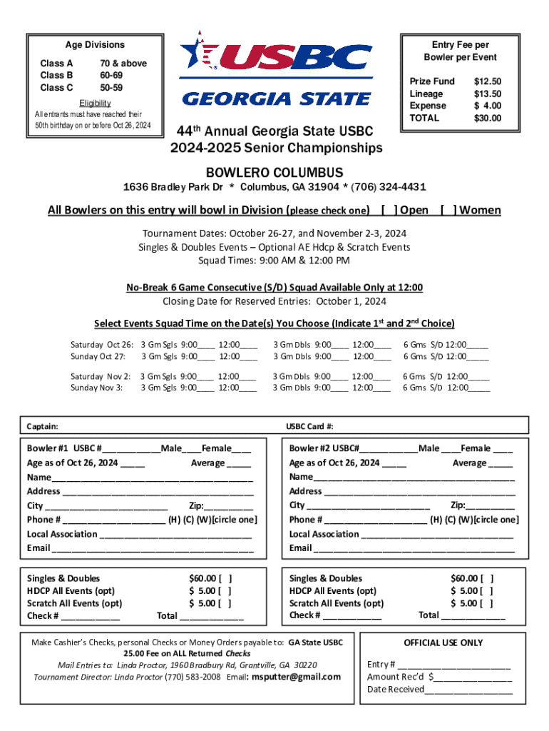 Fillable Online 44th Annual Georgia State Usbc Senior Championships Fax ...