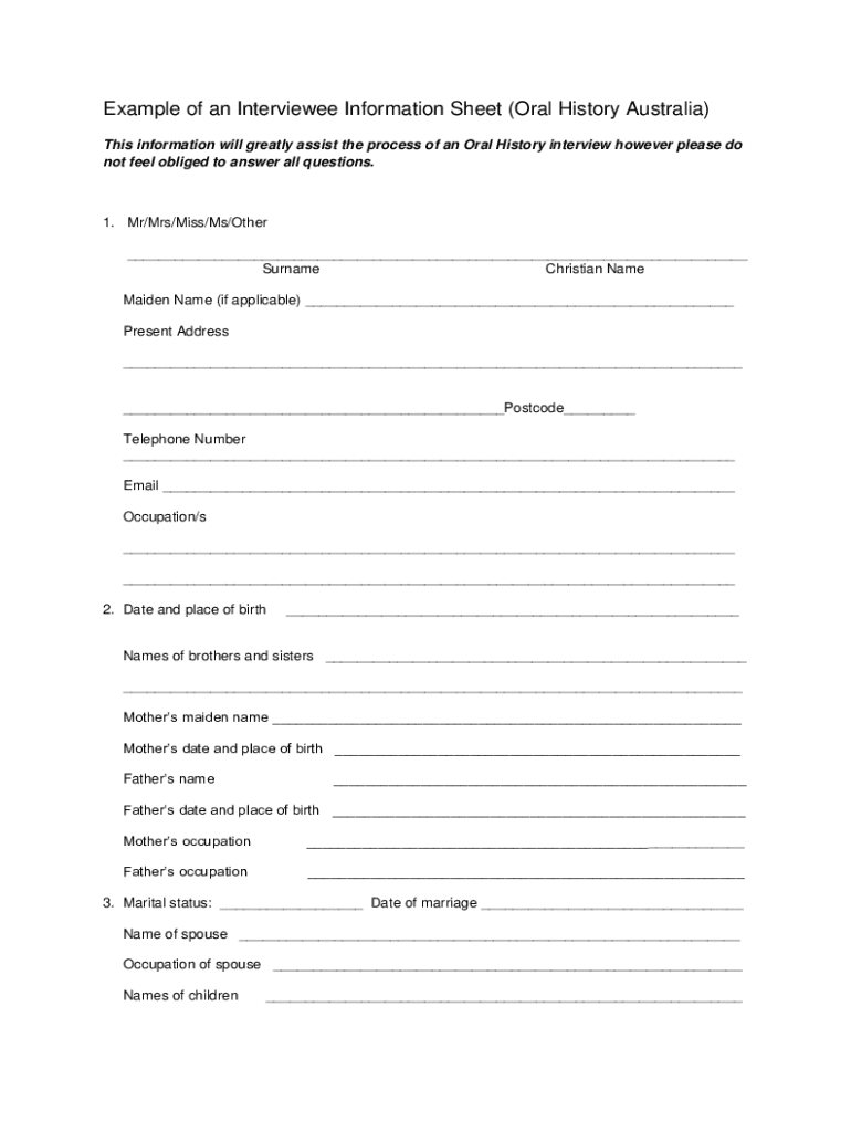 Fillable Online Oral History Australia - Interviewee Information Fax ...